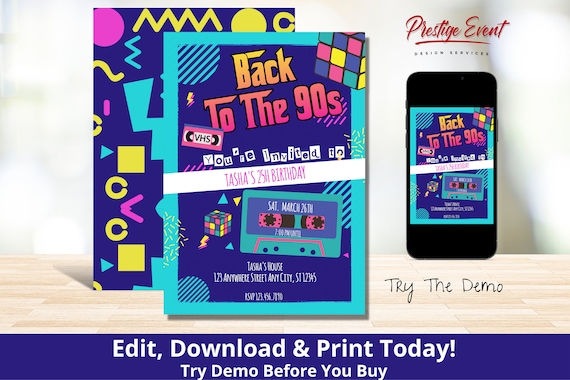 90s Birthday Invitation - 90s Party Invite - 90s Birthday Party - Back ...