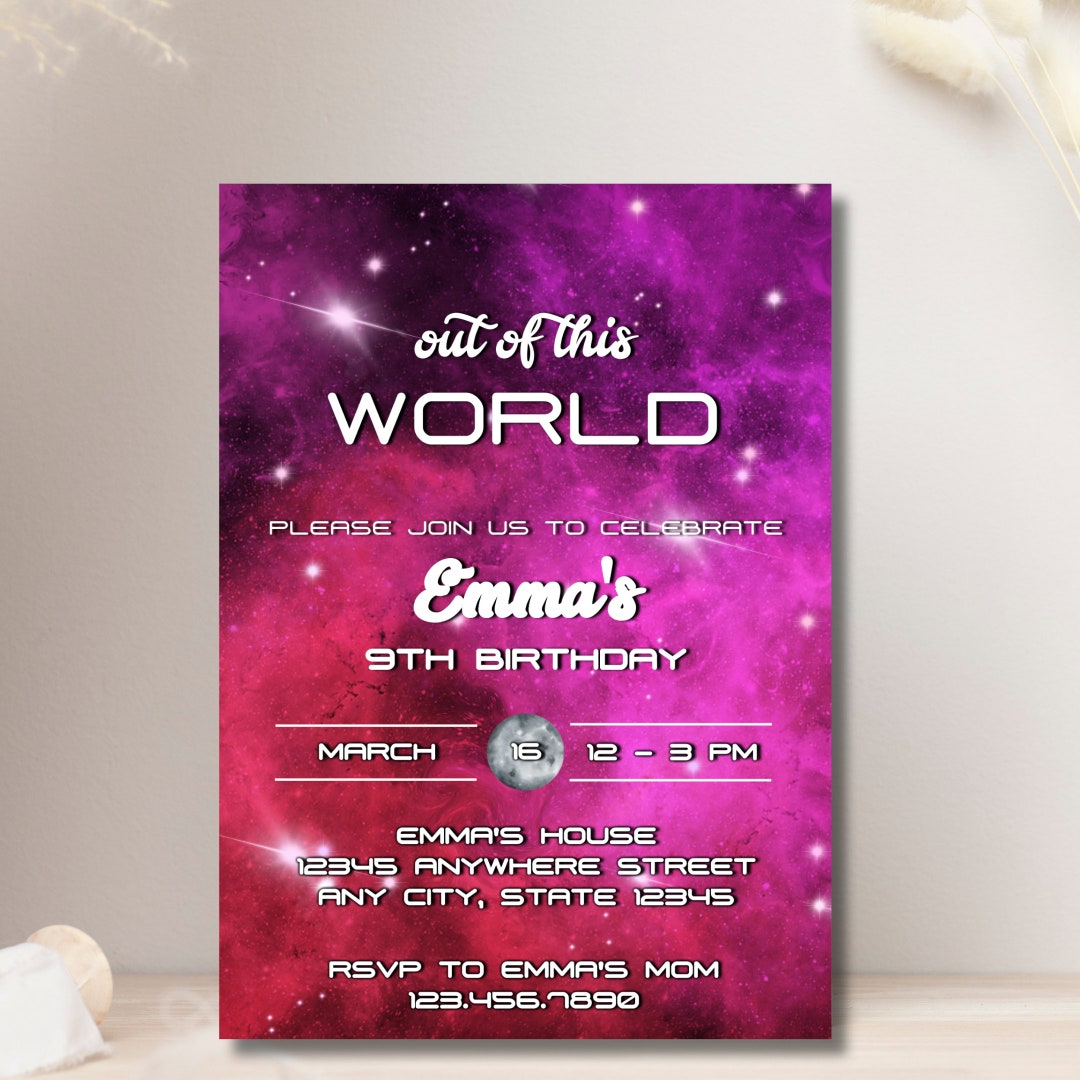 Invitación de cumpleaños del espacio rosa, fiesta mágica del espacio ...