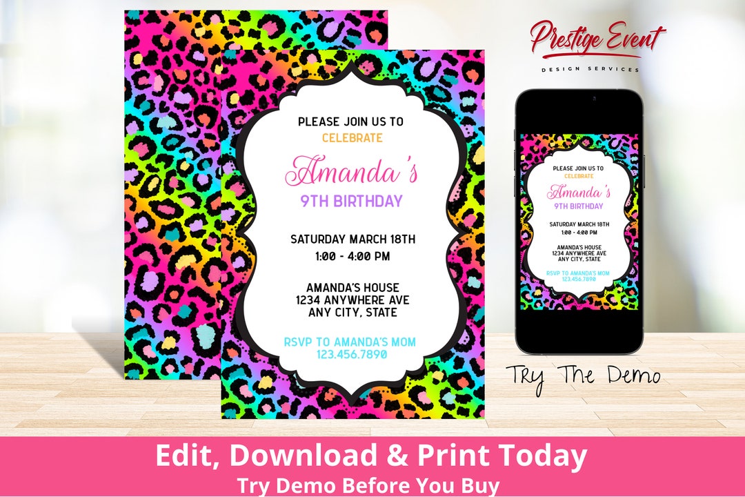 Rainbow Leopard Invitation - Leopard Print Invite - Leopard Birthday ...