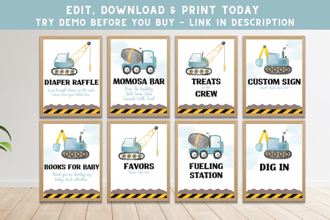 Construction Baby Shower Sign Bundle: Editable Templates (digital ...