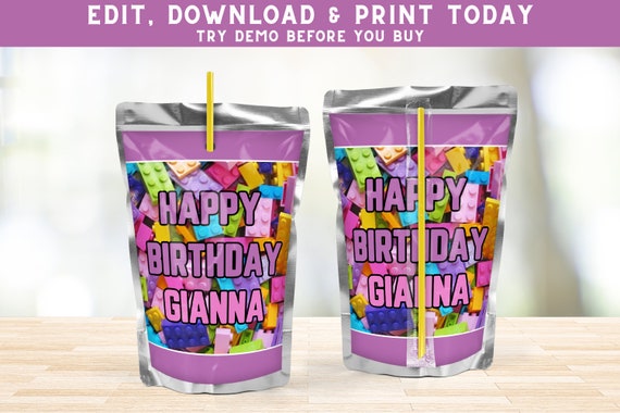 Colorful Bricks Juice Pouch - Personalized Birthday Juice Labels ...
