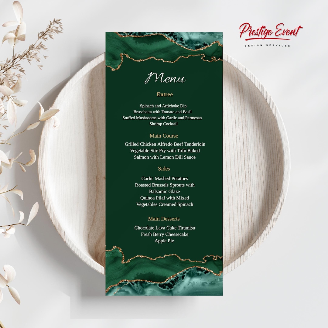 Emerald Green & Gold Agate Menu Card, Elegant Menu Template, Birthday ...