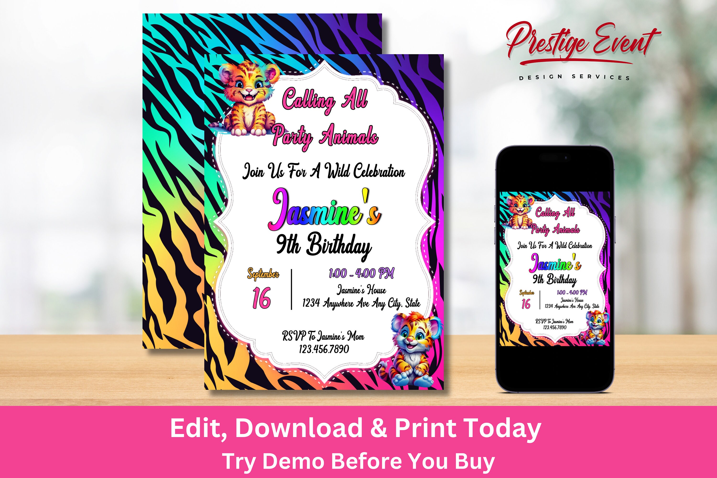 Rainbow Tiger Birthday Invitation Baby Tiger Party Animal Print Invite ...