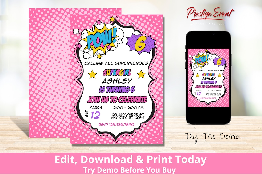 Girl Superhero Birthday Invitation: Comic Party Invite (digital ...