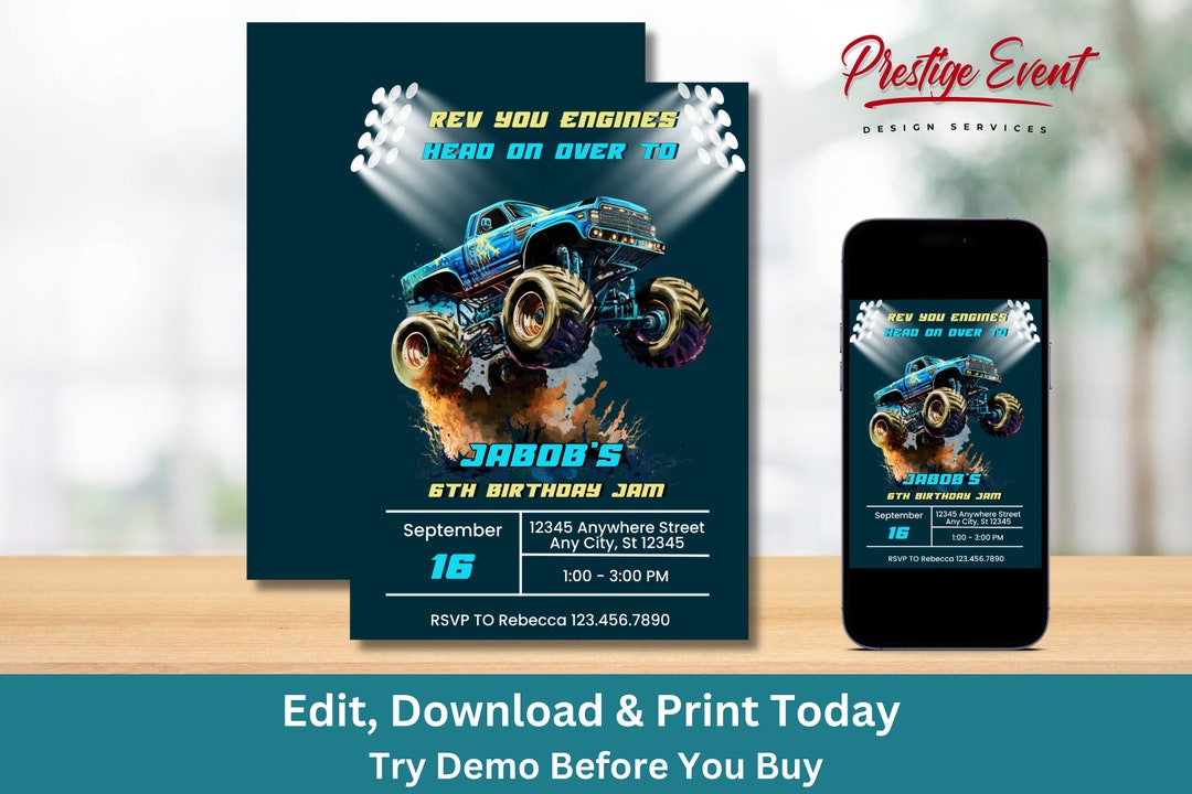 Monster Truck Birthday Invitation: Rally Party Invite (digital Download ...