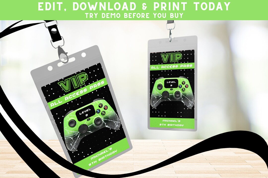 Gamer Birthday Party Badge - All Access Pass - Video Game VIP Pass ...