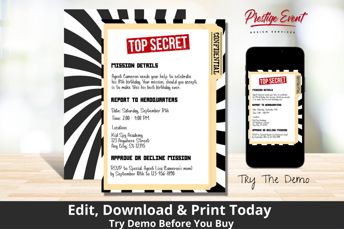 Secret Agent Invitation Spy Party Invite Top Secret - Etsy