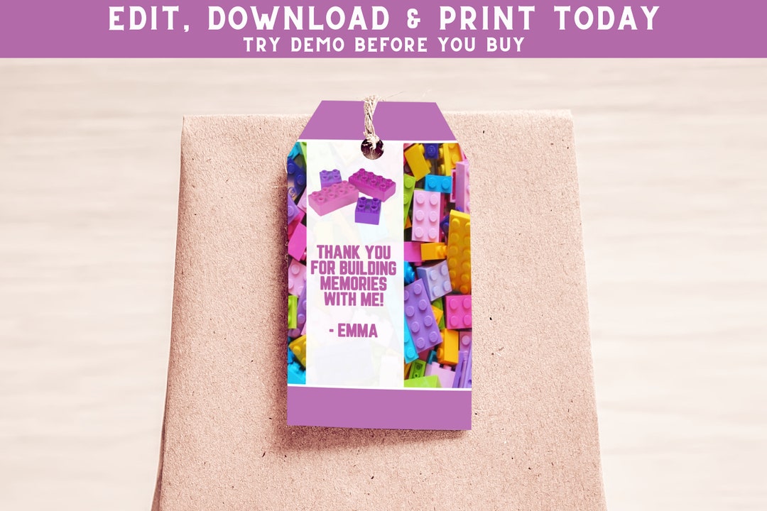 Pink Building Block Favor Tags: Brick Party Thank You (printable) - Etsy