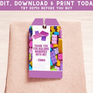 Pink Building Block Favor Tags: Brick Party Thank You (printable) - Etsy