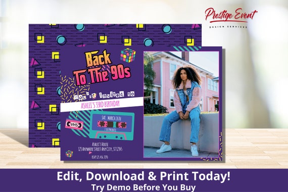 90s Birthday Photo Invitation - 1990s Theme Party Invite - 90s Birthday ...