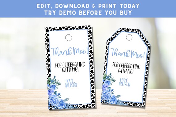 Holy Cow Blue Favor Tag - Cow Birthday Thank You Tags - Cookie Tags ...