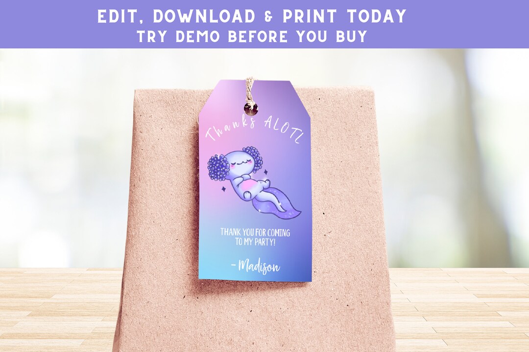 Axolotl Favor Tags - Purple Axolotl Thank You Tags - Kids Party Favor ...