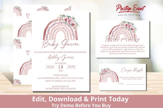 Boho Rainbow Baby Shower Invitation Set - Pink Bohemian Theme - Books ...