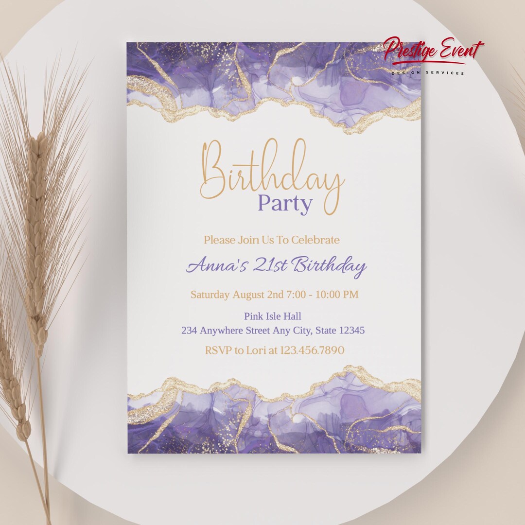 Watercolor Agate Purple Invitation, Gold Accents, Geode Inspired ...