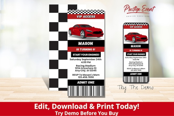 Race Car Ticket Invitation - Racing Birthday Invitation - Car Race ...