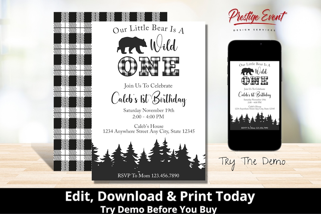 Wild One Bear 1st Birthday Invitation: Buffalo Plaid (digital Download ...