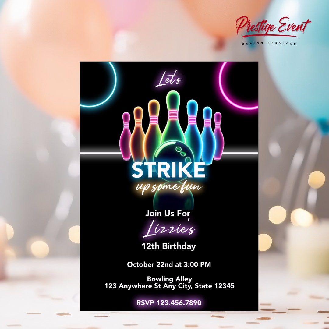 Glow Bowling Birthday Invitation | Neon Bowling Party | Cosmic Theme ...