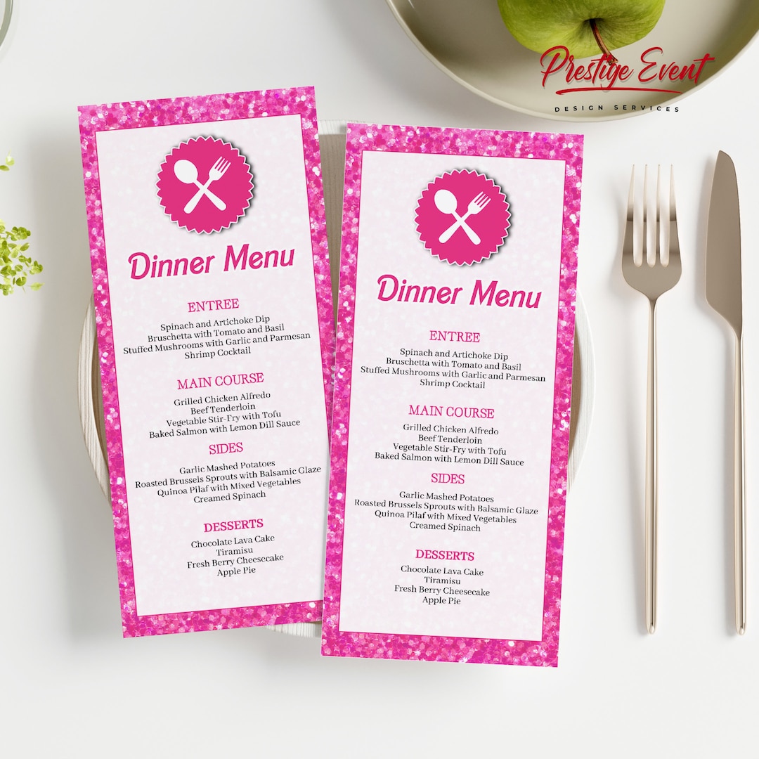 Pink Glitter Menu Card, Printable Dinner Menu, Bridal Shower Menu ...
