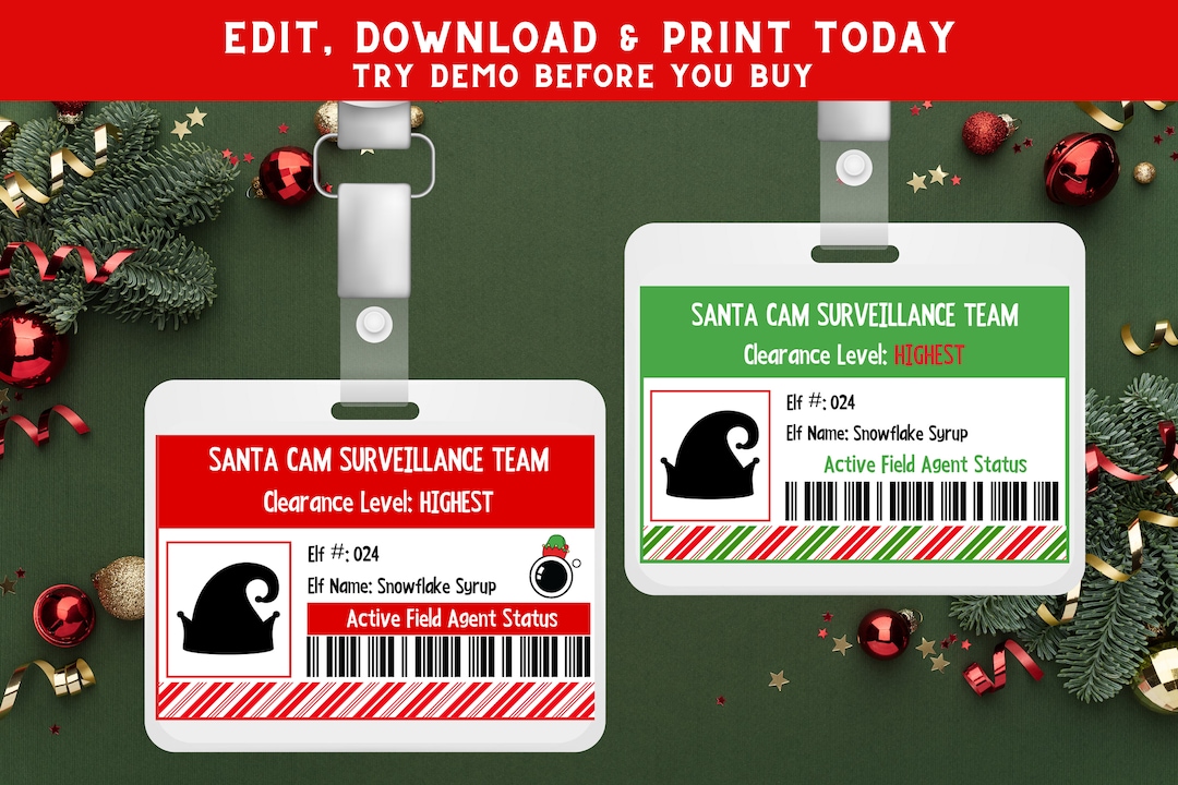 Lost Elf ID Card, Santa Cam Security Badge, Christmas Kids Printable ...
