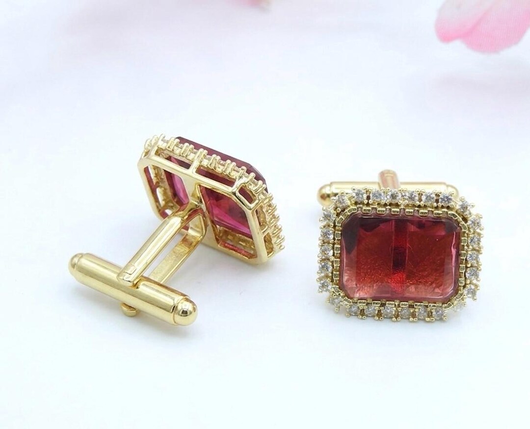 Lab Ruby Cufflinks for Men | Gold & Silver Finish | Rectangle Halo ...