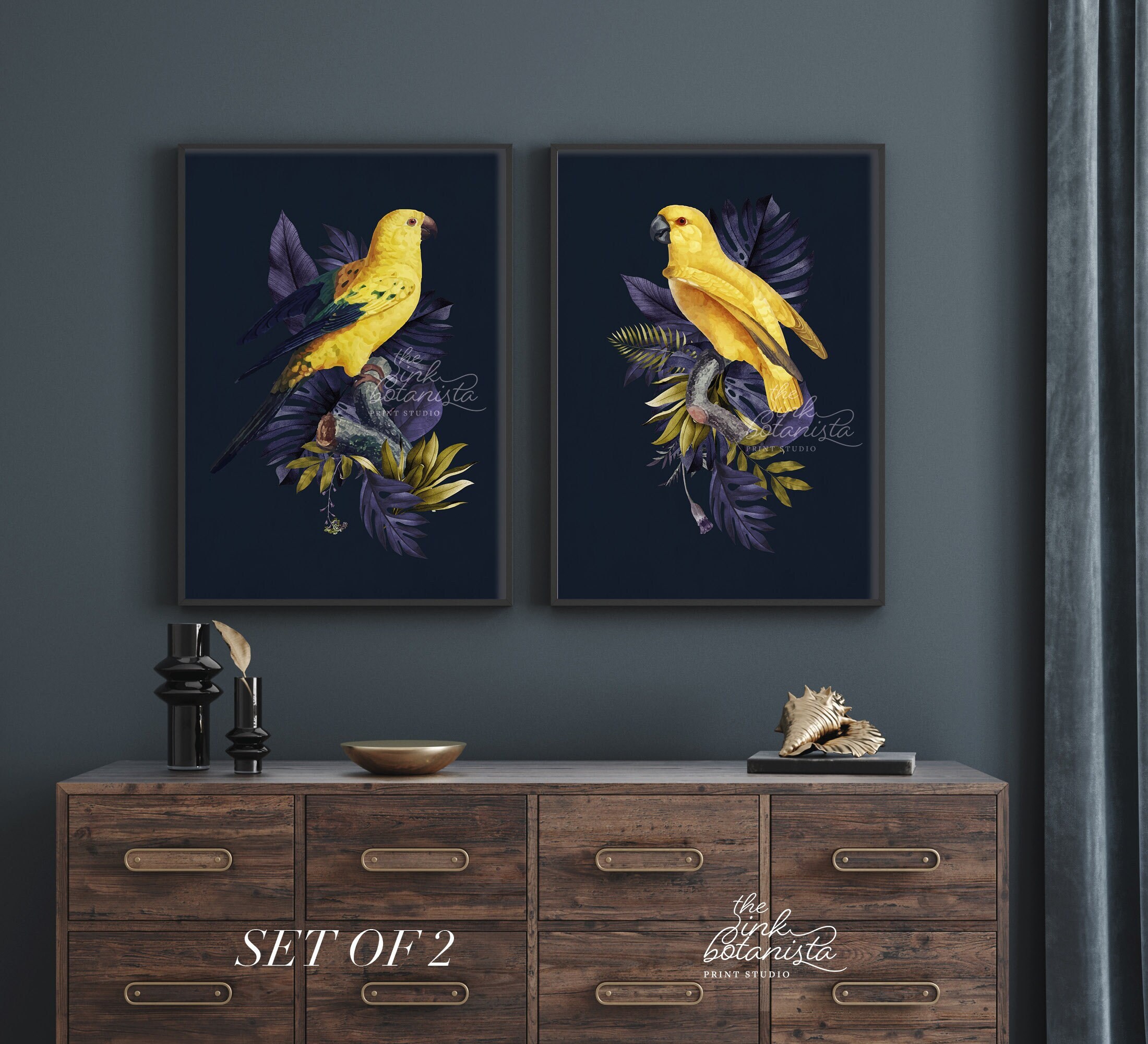 Set of 2 Parrot Illustration Print, Antique Style Bird Poster, Bird ...