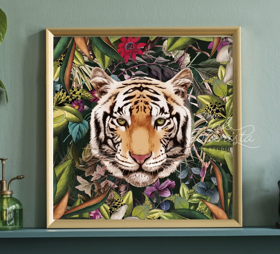 Tiger Head Print, Jungle Poster, Animal Wall Art, Palm Leaf Print With ...