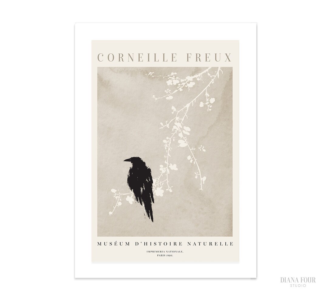 Crow Art Print, Beige and Black Poster, Modern Wall Art, Minimalist ...