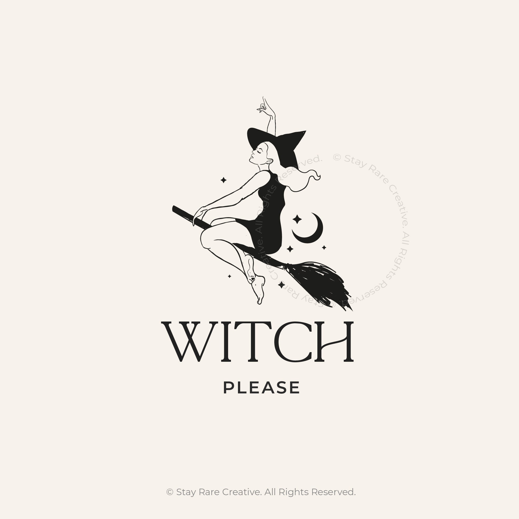 Witch Logo Design, Witch on a Broom Drawing Logo, Black and White ...