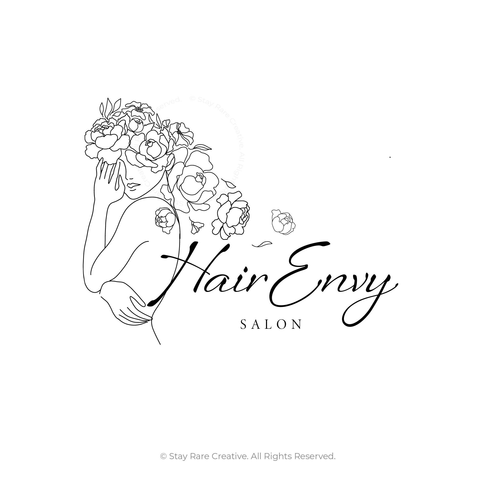 Hair Logo Design, Woman Flowers Head Drawing, Line Drawing Logo, Simple ...