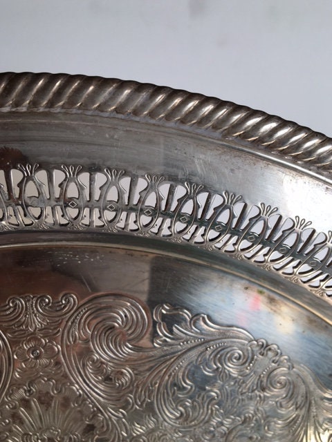Vintage Silver Plate Round Tray With Cutout Details - Etsy