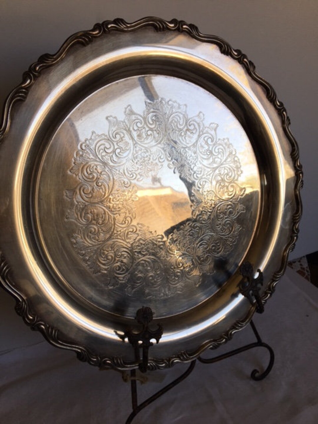 Vintage Large Round Silver Plate Tray - Etsy