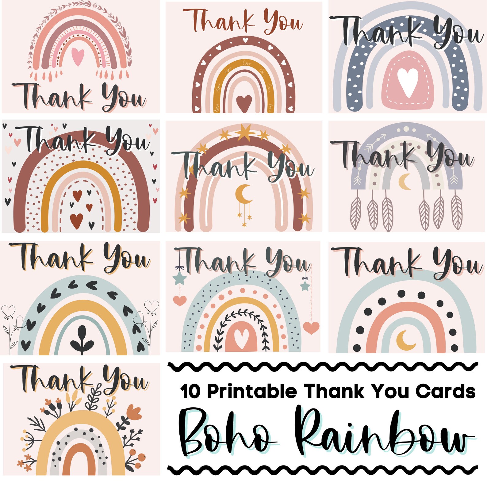 Boho Rainbow Thank You Printable Card Pack Set of 10 Digital - Etsy