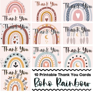 Boho Rainbow Thank You Printable Card Pack Set of 10 Digital Design for ...