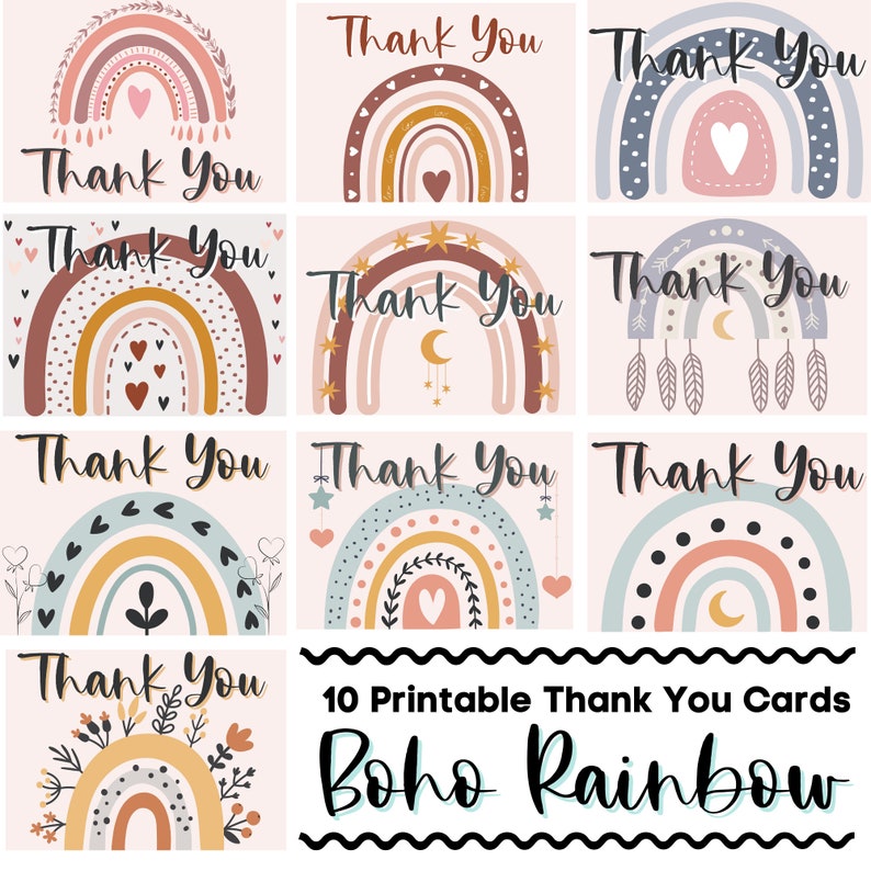 Boho Rainbow Thank You Printable Card Pack Set of 10 Digital Design for ...