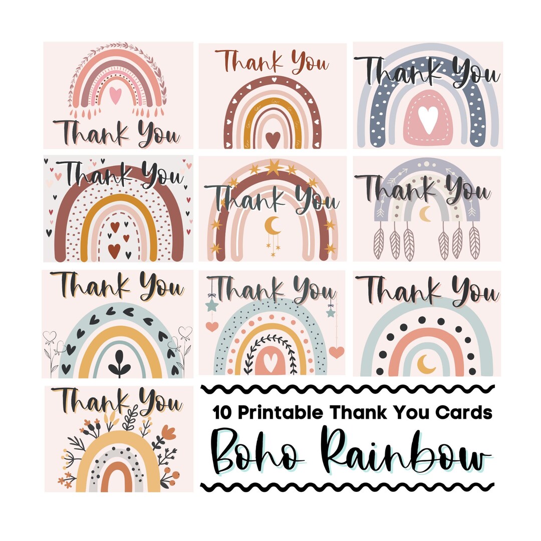 Boho Rainbow Thank You Printable Card Pack Set of 10 Digital Design for ...