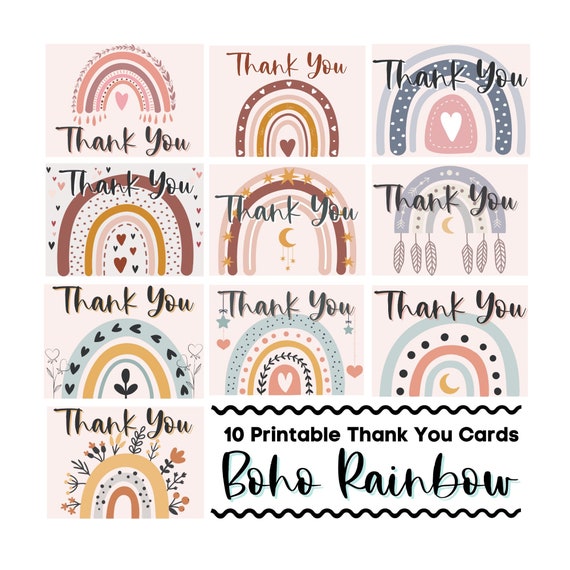 Boho Rainbow Thank You Printable Card Pack Set of 10 Digital | Etsy