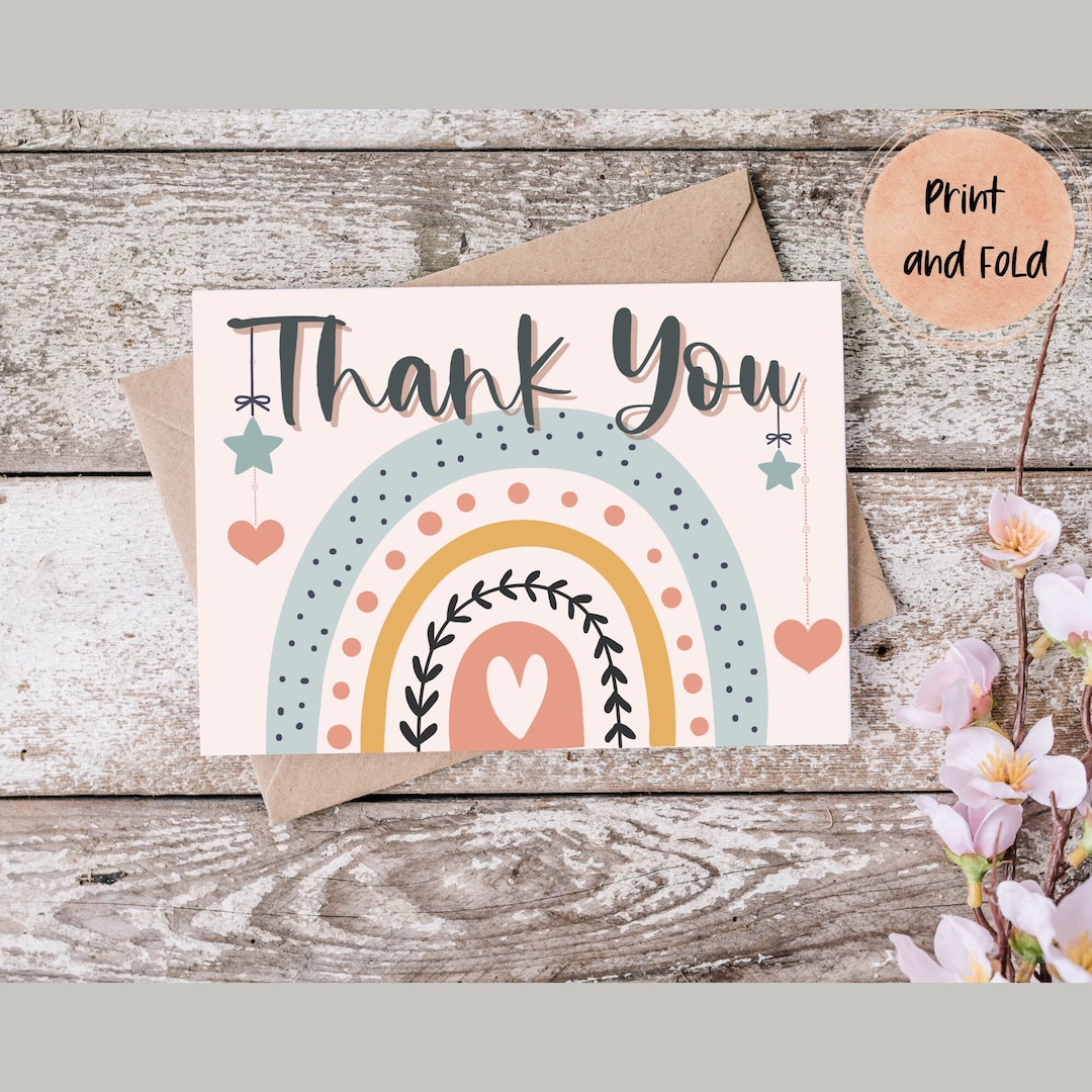 Boho Rainbow Thank You Printable Card and PNG Digital Design for ...