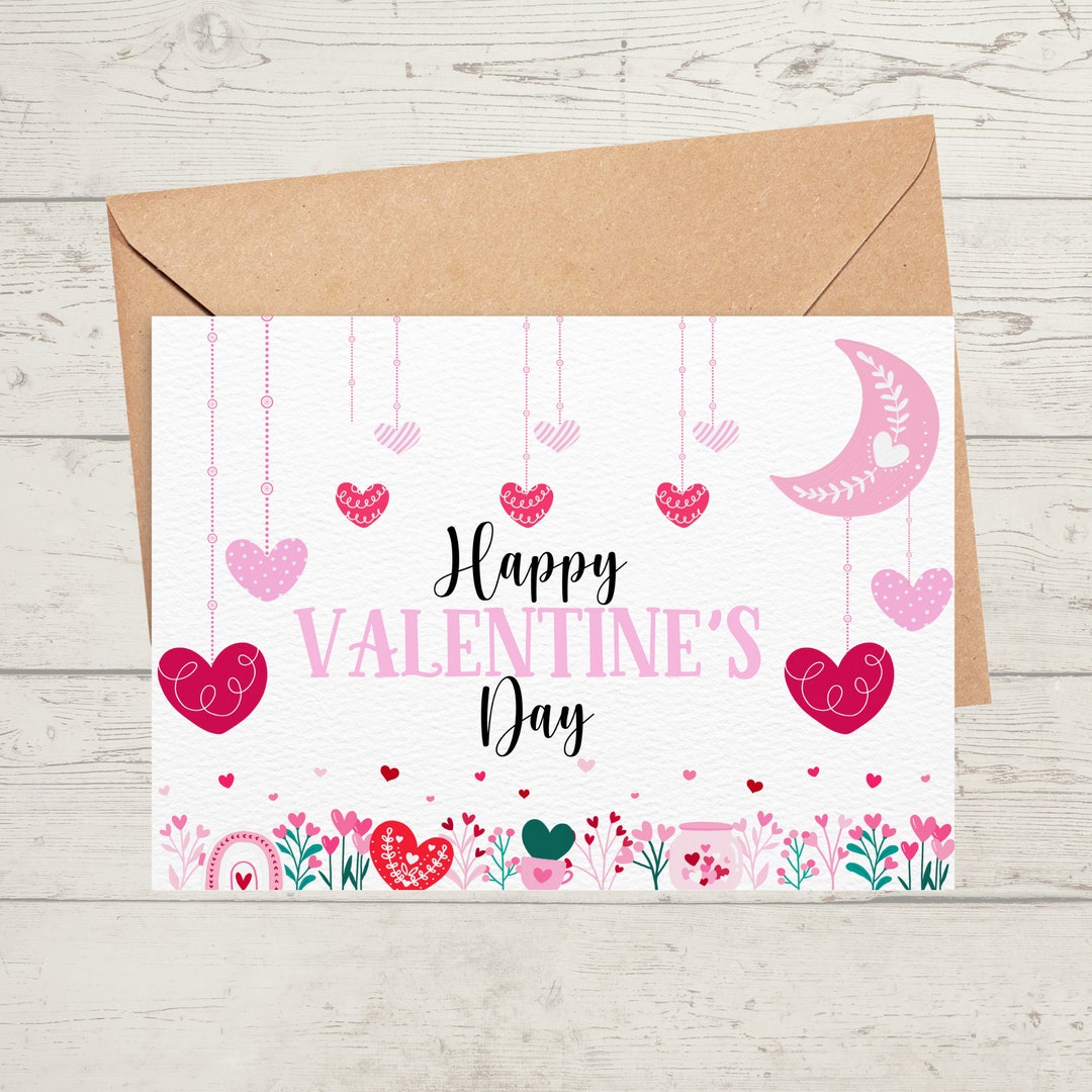 Valentines Hearts and Moon Printable Card L Digital Valentine Design ...
