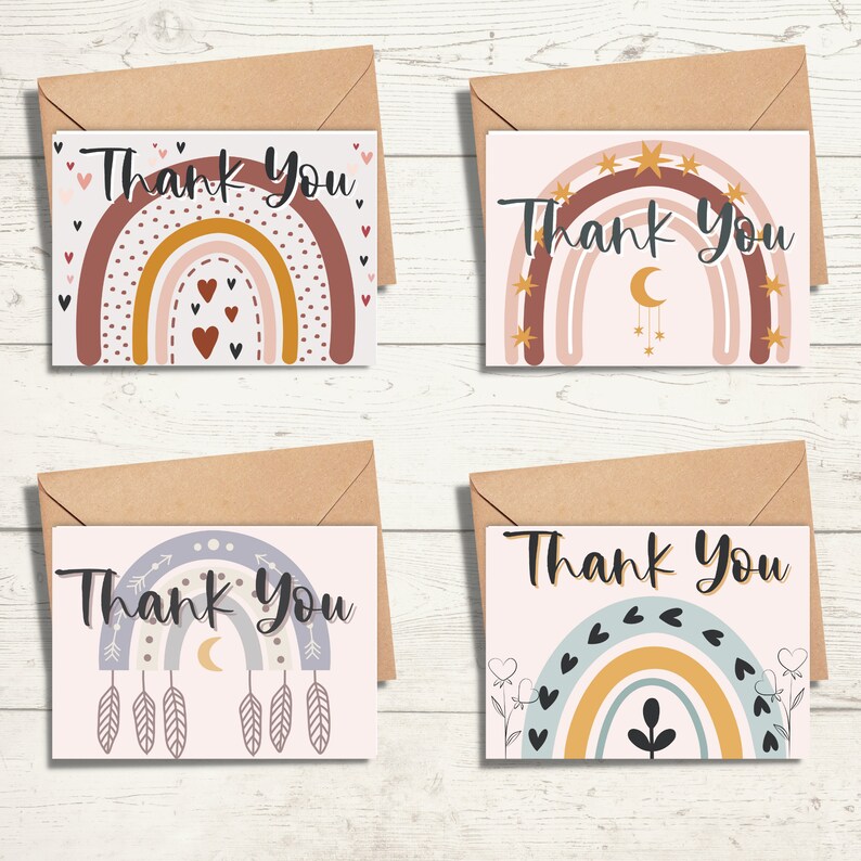 Boho Rainbow Thank You Printable Card Pack Set of 10 Digital - Etsy