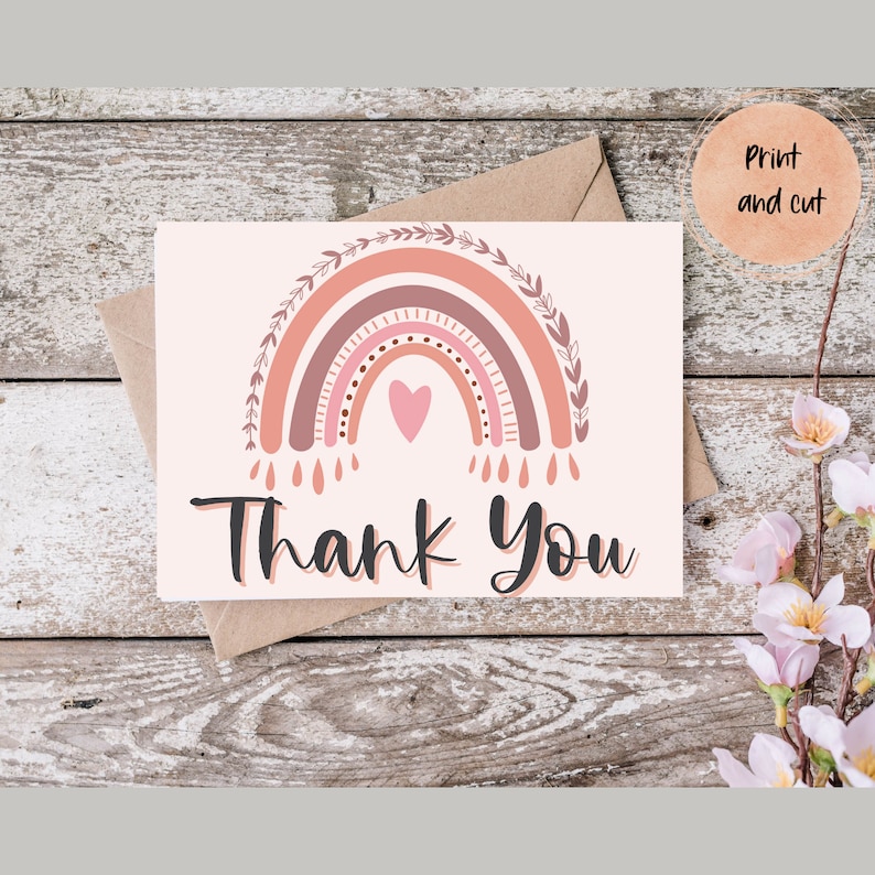 Boho Rainbow Thank You Printable Card Digital Design for Greeting Cards ...