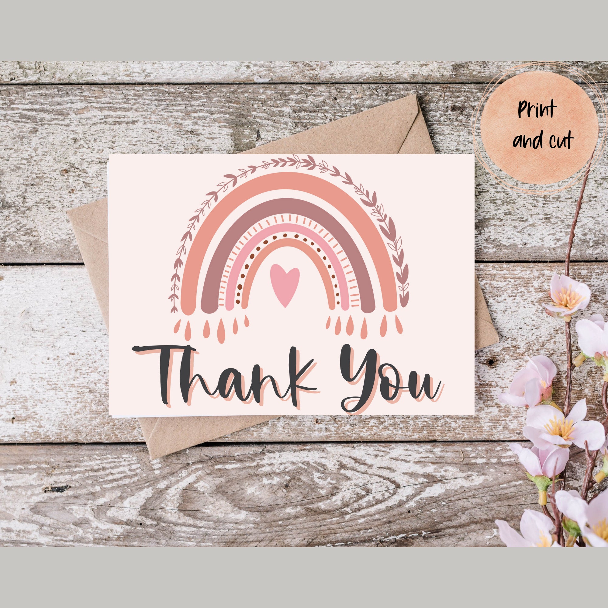 Boho Rainbow Thank You Printable Card Digital Design for Greeting Cards ...