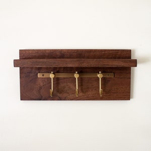 Modern Wood Key Rack, Walnut Key Holder With Brass Hooks, Entryway ...