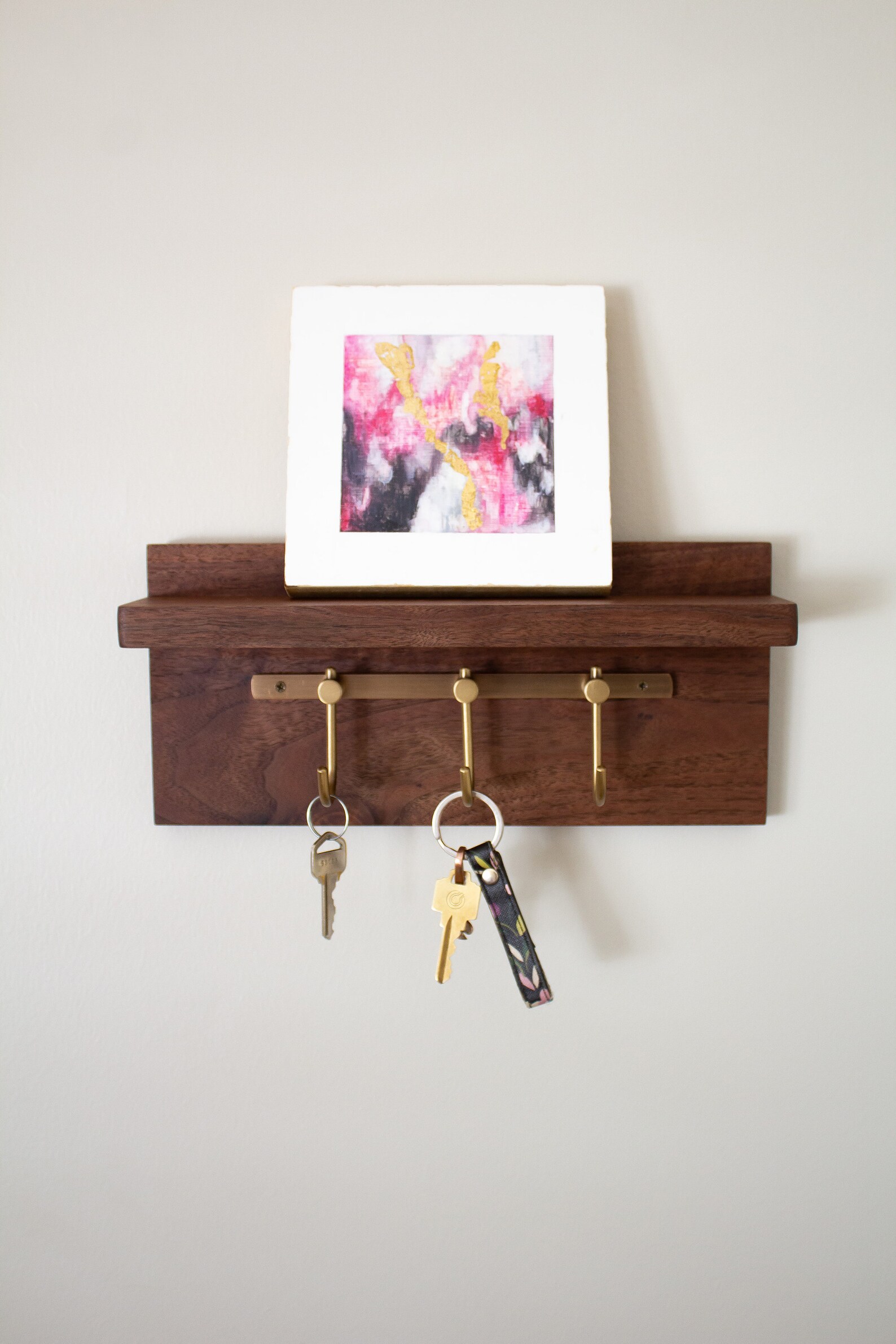 Modern Wood Key Rack, Walnut Key Holder With Brass Hooks, Entryway ...