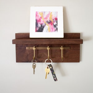 Modern Wood Key Rack, Walnut Key Holder With Brass Hooks, Entryway ...