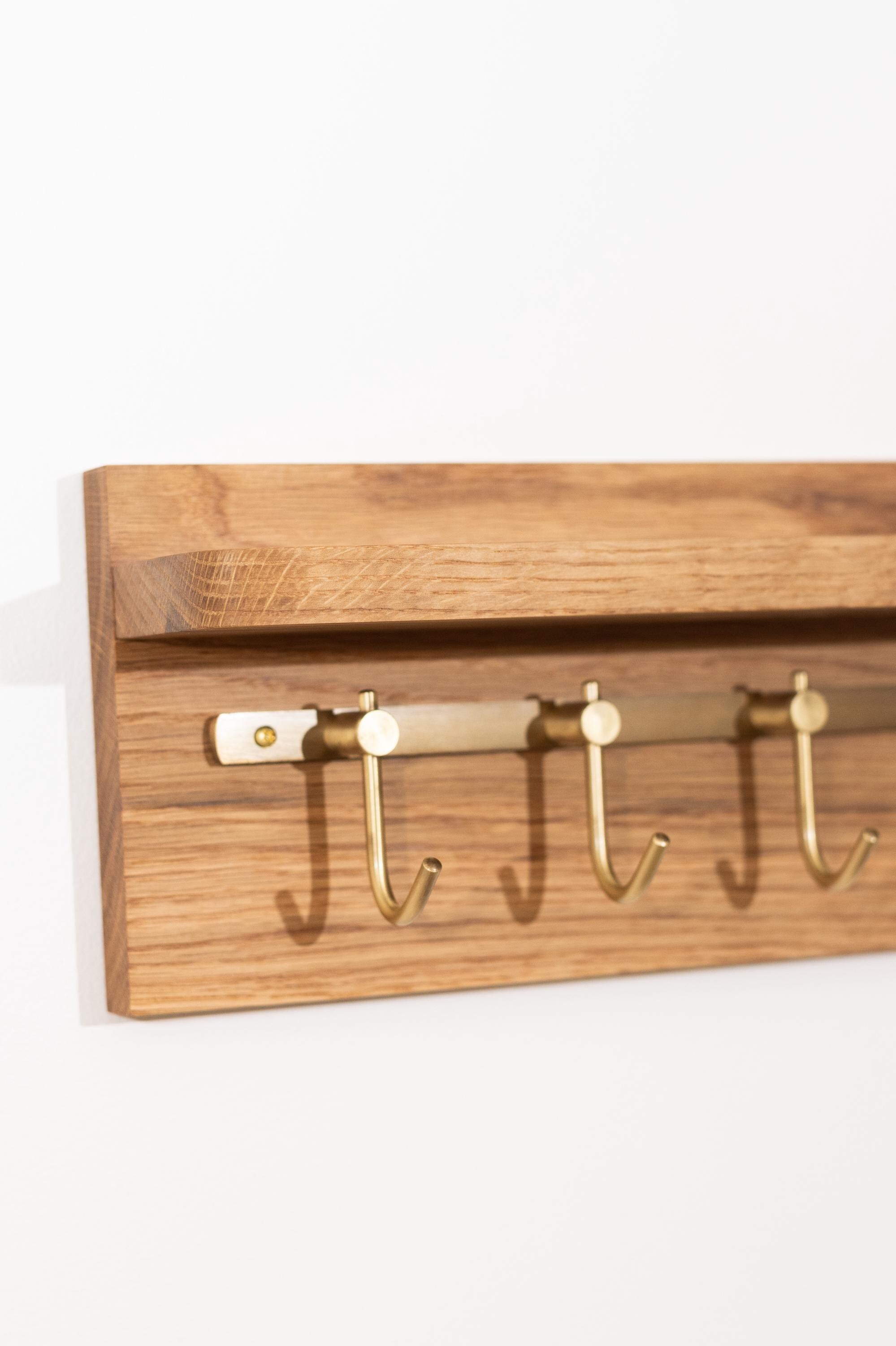 Modern White Oak Key Holder With Brass Hooks – Minimalist Wall Shelf ...