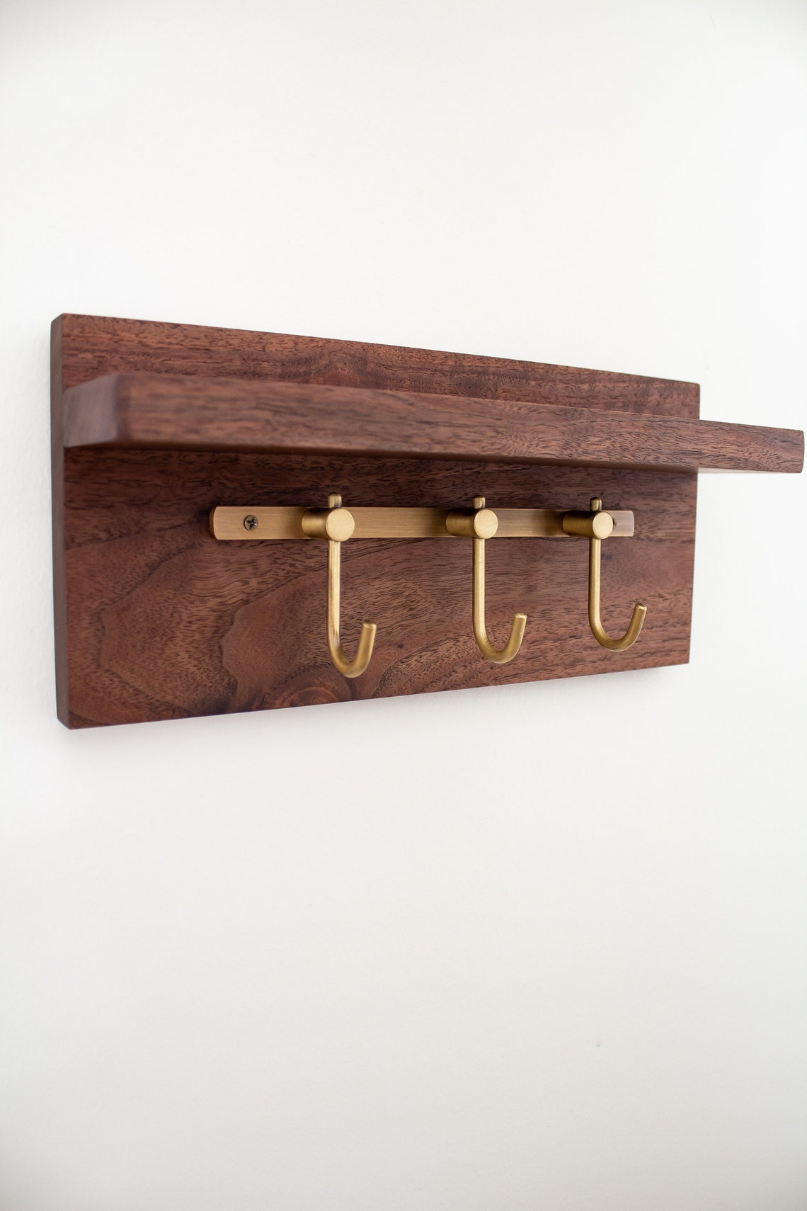 Modern Wood Key Rack, Walnut Key Holder With Brass Hooks, Entryway ...