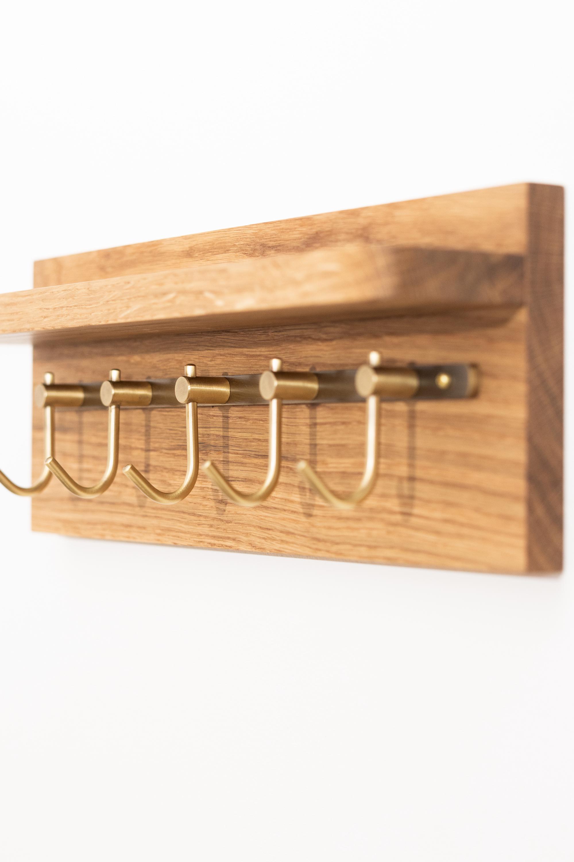Modern White Oak Key Holder With Brass Hooks – Minimalist Wall Shelf ...