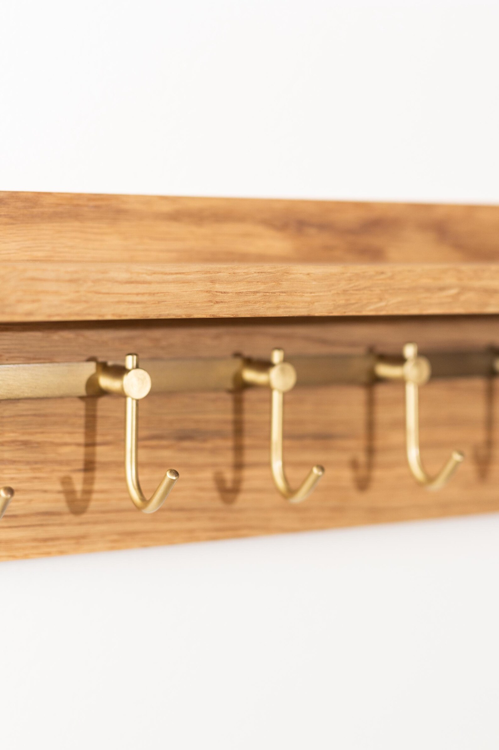 Modern White Oak Key Holder With Brass Hooks – Minimalist Wall Shelf ...