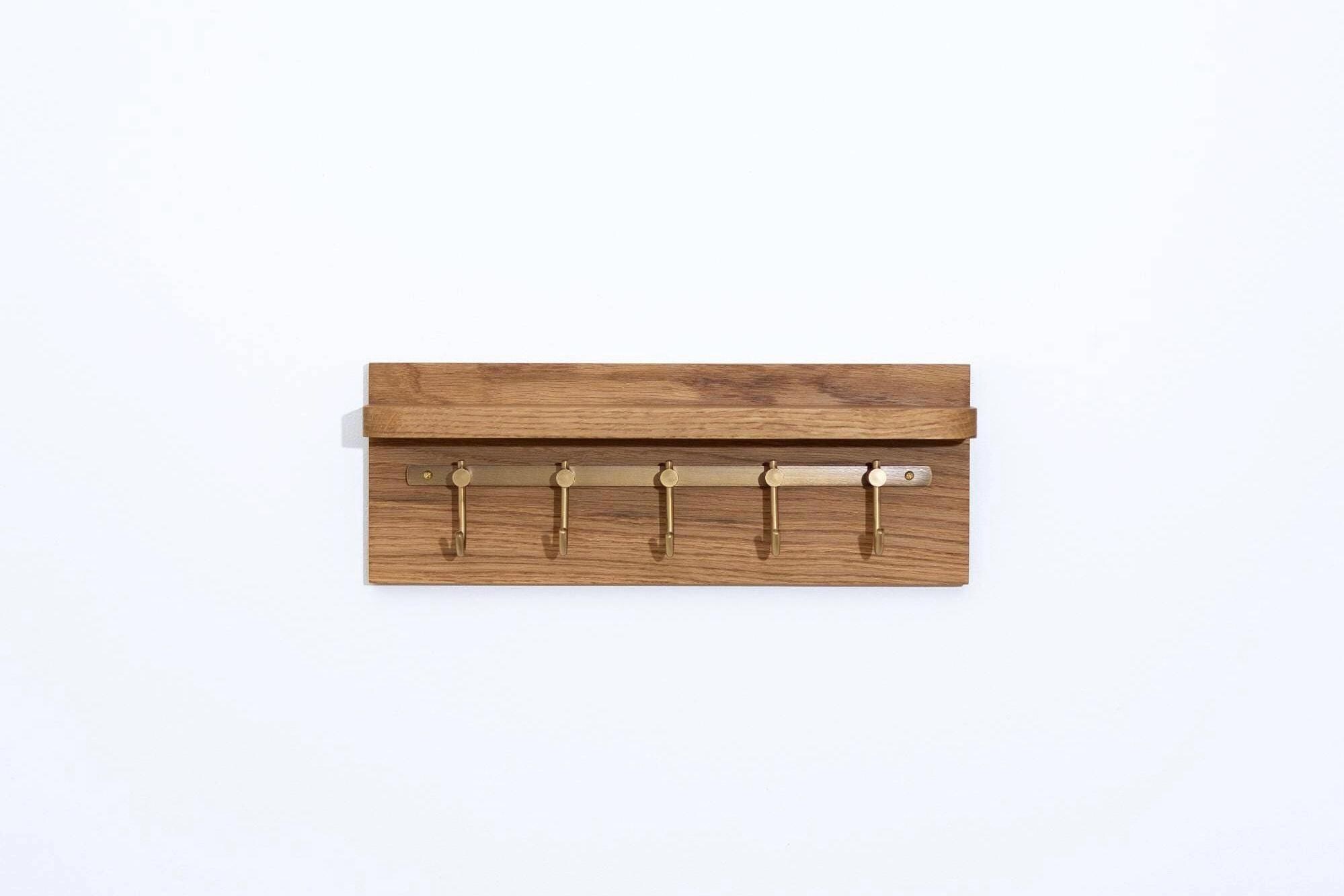 Modern White Oak Key Holder With Brass Hooks – Minimalist Wall Shelf ...