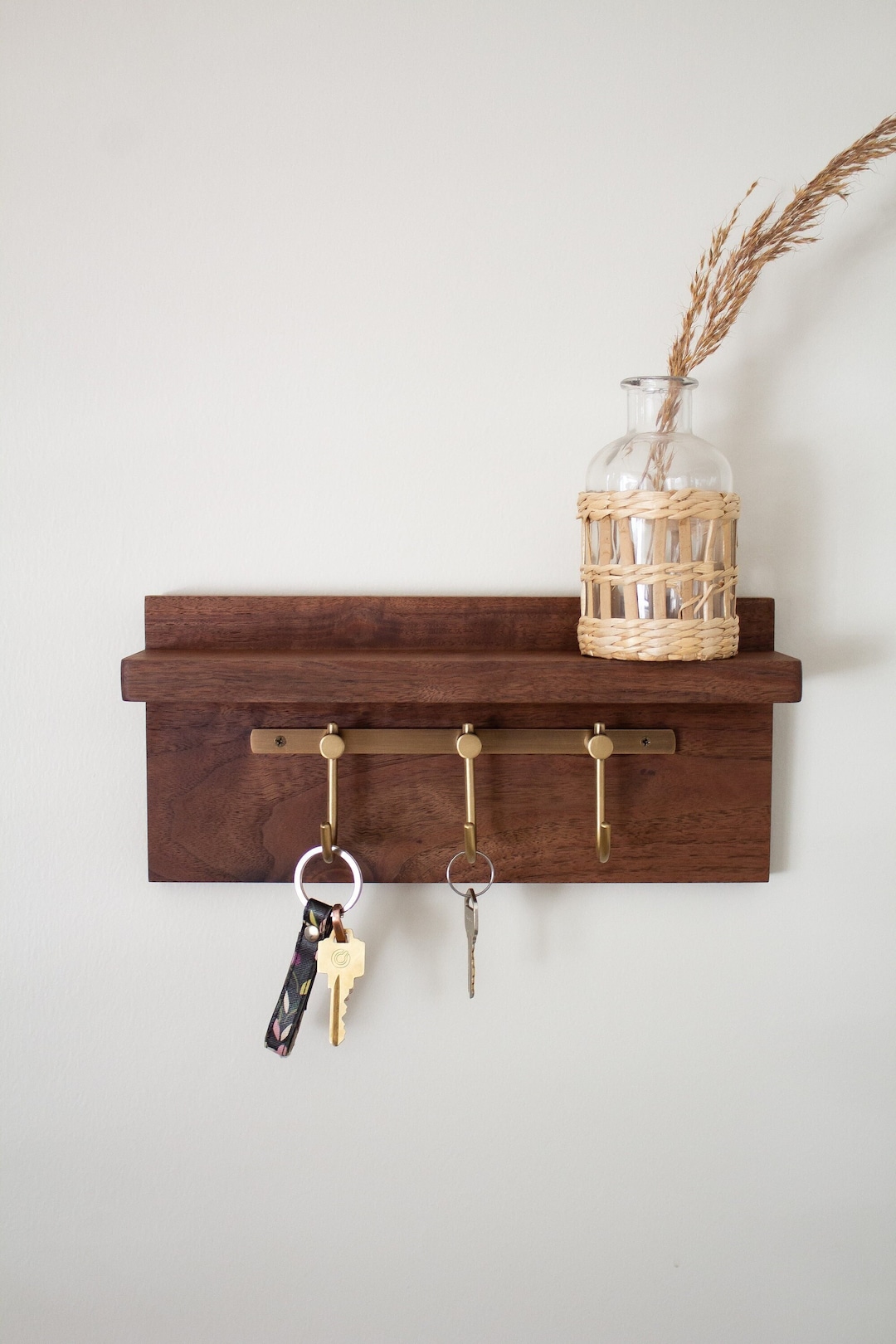 Modern Wood Key Rack, Walnut Key Holder With Brass Hooks, Entryway ...